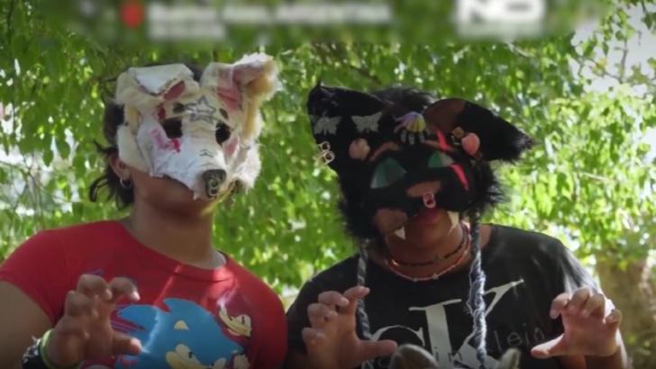 Tineri deghizați în animale, merg în patru labe pe străzi. Ei se ...